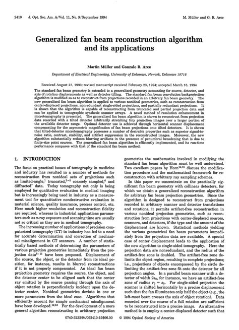 Pdf Generalized Fan Beam Reconstruction Algorithm And Its Applications