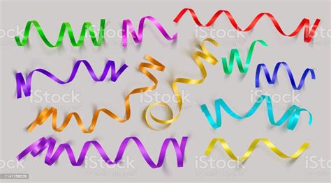 회색 배경에 현실적인 색깔의 리본 세트 벡터 일러스트입니다 인사말 카드 휴일 배너 선물 등을 위해 사용할 수 있습니다 개체 그룹에 대한 스톡 벡터 아트 및 기타 이미지