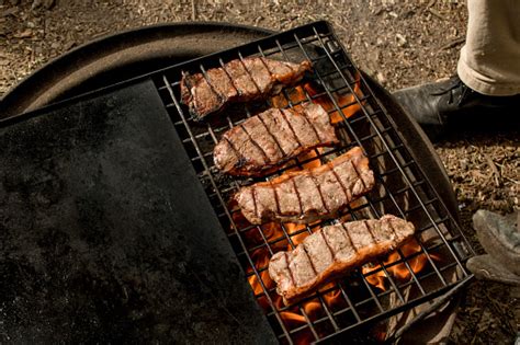 캠프 파이어에서 주철 그릴 접시에 굽는 쇠고기 스테이크 캠프 파이어 요리 야외 바베큐 스테이크에 대한 스톡 사진 및 기타 이미지 스테이크 캠프 파이어 고기 Istock