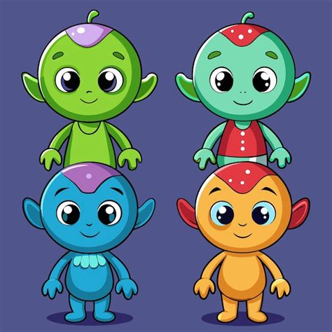 Four Cute Alien Characters With Different Colors And Expressions Standing On A Purple Background