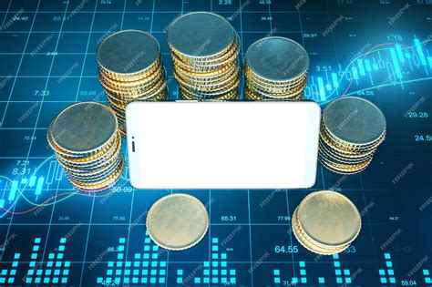 밝은 배경에 ⁇ 쳐진 동전과 함께 빈 ⁇ 색 모의 스마트폰의 클로즈업 온라인 ⁇ 킹 디지털 트랜스포메이션 및 기술 개념 3d 렌더링 프리미엄 사진