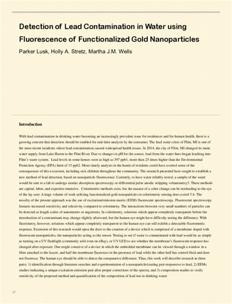 Pdf Detection Of Lead Contamination In Water Using Fluorescence Of Functionalized Gold