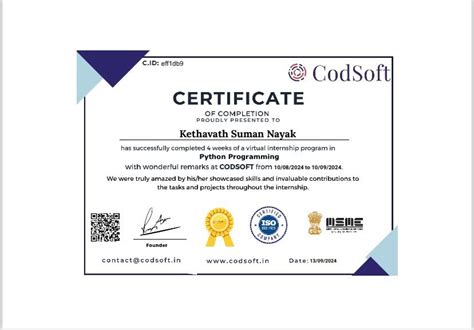 i have successfully completed my python programming internship in codsoft suman nayak kethavath