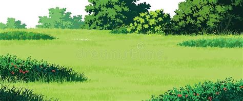 Landscape Summer Grass And Bushes In Anime Style Anime Style Stock