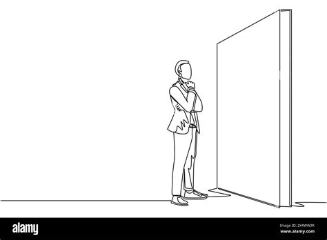 Single One Line Drawing Businessman Thinking In Front Of Big Obstacle Or Wall Abstract