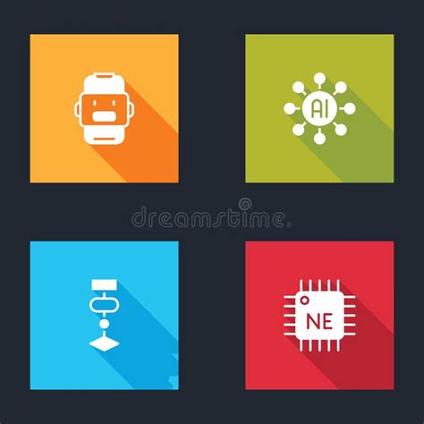 Set Chat Bot Neural Network Algorithm And Processor Cpu Icon Vector