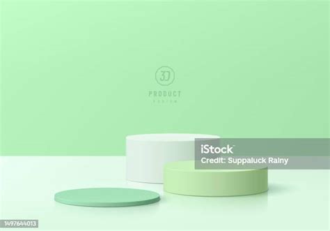 사실적인 흰색과 밝은 녹색 실린더 받침대 연단이 있는 3d 배경 벽 최소 모형 화장품 디스플레이 추상적인 기하학적 플랫폼 라운드