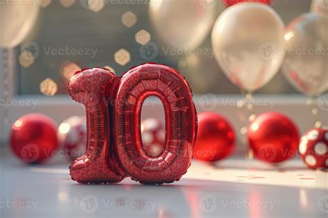 Vibrante Rojo Y Lustroso Número Diez Con Borroso Globos En El
