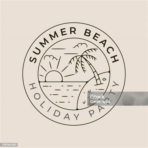 여름 해변 라인 아트 로고 벡터 엠블럼 템플릿 일러스트 레이 션 디자인 야자수와 태양 버스트 아이콘 디자인 관광 리조트에 대한 스톡 벡터 아트 및 기타 이미지 Istock