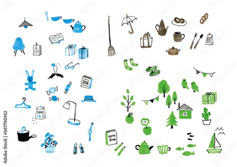 かわいい手描き雑貨のイラスト素材 ほっこり 日用品 雑貨 ライフスタイル カラフル アイテム セット 飾り 絵本 Photos Adobe