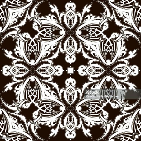 흑백 바로크 벡터 원활한 패턴입니다 추상 장식 꽃 배경입니다 장식 꽃 잎 빈티지 다 마스크 장식 모노크롬 패턴 디자인 끝없는 질감 0명에 대한 스톡 벡터 아트 및 기타