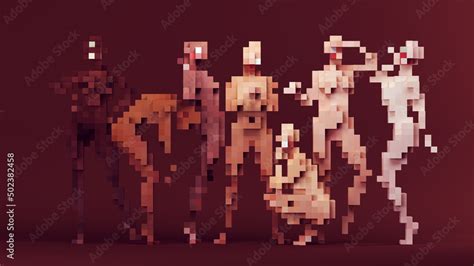 Women Multi Racial Equity Group Fun Pose Sex Gender Equality Abstract Cube Blocks Pixel Voxels