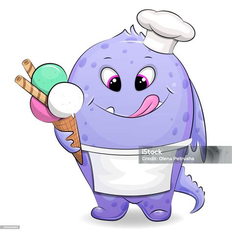 쿡 모자와 앞치마에 귀여운 만화 요리사 괴물아이스크림을 보유하고 있습니다 0명에 대한 스톡 벡터 아트 및 기타 이미지 0명
