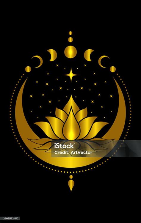 신비로운 초승달과 신성한 연꽃 별 달의 위상 로고 디자인 요가 스파 미용실 화장품 휴식 브랜드 스타일의 황금 마술 천상 클립아트 검은 배경에 고립 Sacred