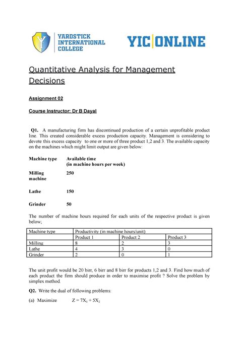 QA Assignment A B Quantitative Analysis For Management Decisions Assignment Course