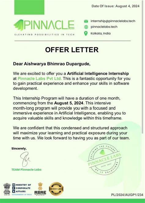 Aishwarya Dupargude On Linkedin Ai Internship Careerjourney Artificialintelligence Pinnacle