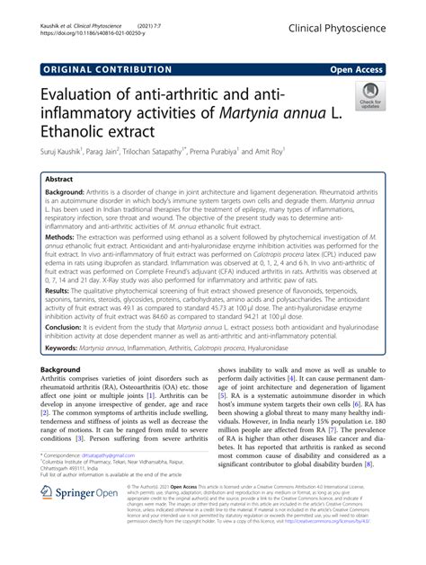 Pdf Evaluation Of Anti Arthritic And Anti Inflammatory Activities Of Martynia Annua L