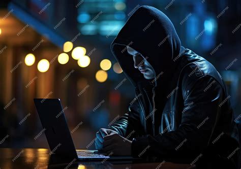 Premium Ai Image Hacker In Black Hoodie Working On Laptop In The Dark