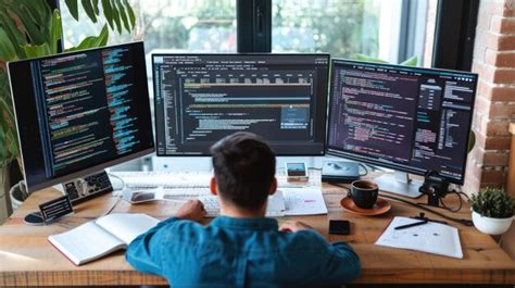 Premium Photo Software Developer Working On Code In Dual Monitor Setup Aig