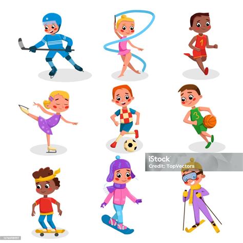 스포츠 세트의 다양한 종류를하고 귀여운 아이 소년과 소녀 실행 스캐팅 스캐팅 스킹 하키 농구 축구 만화 스타일 벡터 일러스트 축구에 대한 스톡 벡터 아트 및 기타 이미지