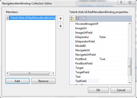 telerik web forms menu design time navigationitembinding collection