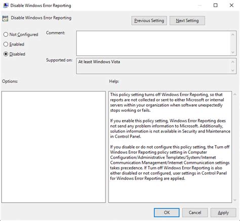 how to disable error reporting in windows 10