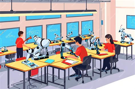 Robotics Lab With Students Testing Drones Vector Illustration Premium Robotics Lab With Students Testing Drones Vector Illustration Premium