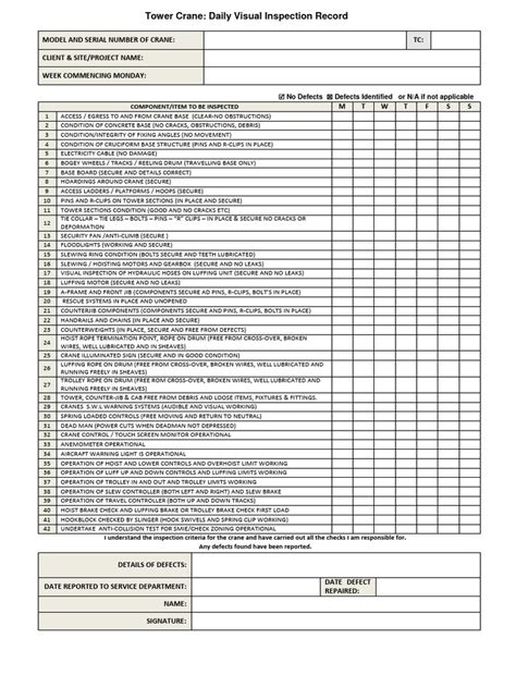 Tower Crane Daily Inspection Check Sheet Pdf Crane Machine