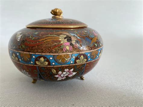 Fine Cloisonne Lidded Box Japan Meiji Era With Phoenix Decoration