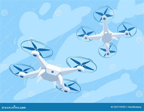 Flying Drone With Blue Sky Background Vector Illustration Cartoon Drones Flying In Different