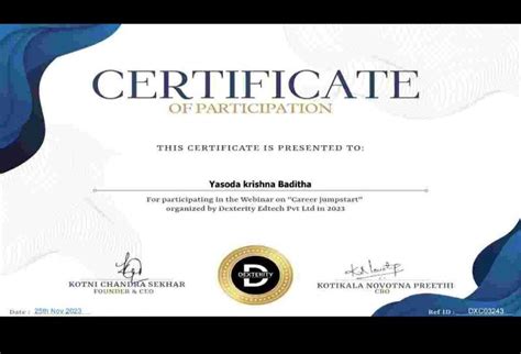 Webinar Dexterity Certificate Yasoda Krishna Baditha