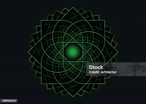 녹색 연꽃 만다라 생명의 씨앗 의 씨앗 신성한 기하학 네 번째 차크라 연금술 난해 꽃의 네온 기하학적 신비성 만다 검은 배경에
