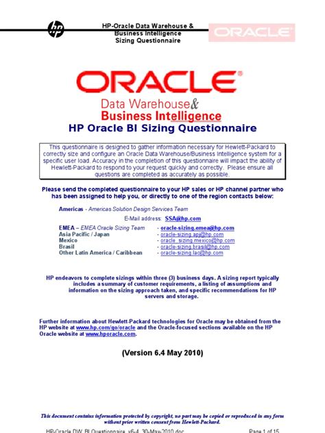 Hp Oracle Dw Bi Sizing Questionnaire Pdf Data Warehouse