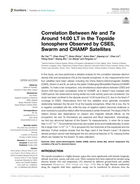 Pdf Correlation Between Ne And Te Around 1400 Lt In The Topside