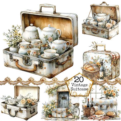 Jpeg Watercolor Vintage Picnic Suitcase Clipart Bundle Vintage Picnic