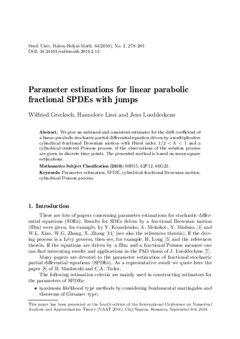 Pdf Parameter Estimations For Linear Parabolic Fractional Spdes With Jumps