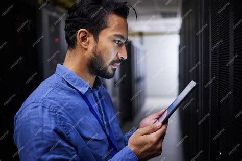 premium photo tablet man and reading in server room of technician