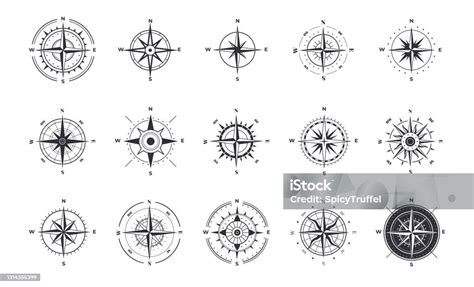 나침반 아이콘 바람은 북쪽 방향 바다 항해 장비 골동품 기호로 상승했다 지도 및 지리적 표지판 설정 빈티지 해상 악기의 벡터 실루엣 나침반에 대한 스톡 벡터 아트 및 기타