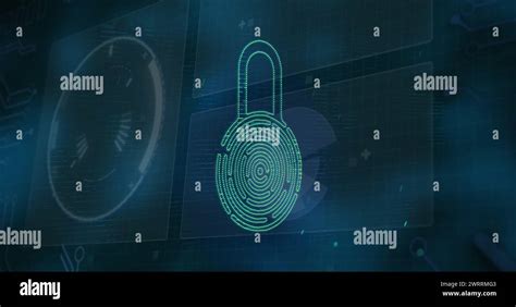 Image Of Security Padlock Icon Over Interface With Data Processing Against Blue Background Stock