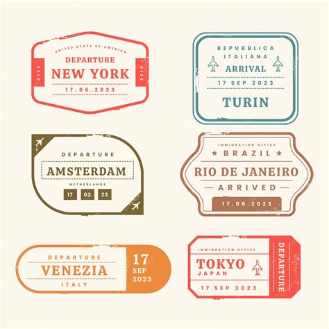 평면 디자인 여권 스탬프 세트 무료 벡터