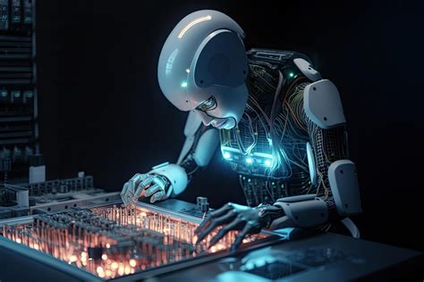 3d Rendering Humanoid Robot Working On A Computer In A Dark Room Futuristic Ai Robot Technician