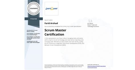 farid arshad on linkedin completion certificate for scrum master