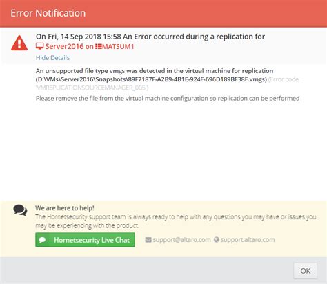 failed vm replication an unsupported file type vmgs hornetsecurity