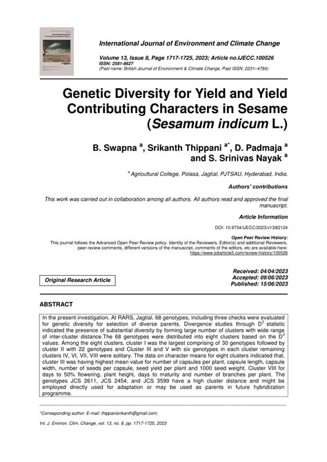 Pdf Genetic Diversity For Yield And Yield Contributing Characters In Sesame Sesamum Indicum L
