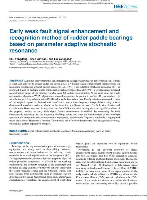 Pdf Early Weak Fault Signal Enhancement And Recognition Method Of Rudder Paddle Bearings Based