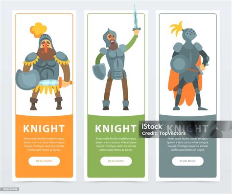 칼과 손에 방패로 무장 한 중세 기사와 3 개의 화려한 배너의 설정 평면 고귀한 남자 캐릭터 남자에 대한 스톡 벡터 아트 및 기타 이미지 Istock