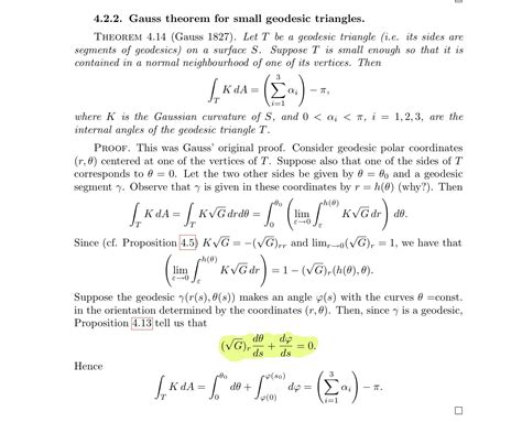 Differential Geometry Understanding Proof Detail Gauss Theorem Form Small Geodesic Triangles