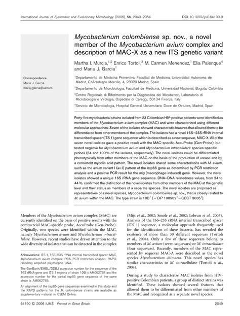 Pdf Mycobacterium Colombiense Sp Nov A Novel Member Of The Mycobacterium Avium Complex And