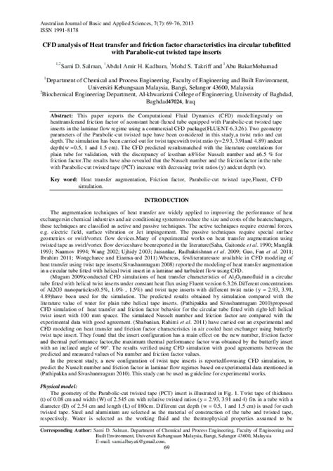 Pdf Cfd Analysis Of Heat Transfer And Friction Factor Charaterstics In A Circular Tube Fitted