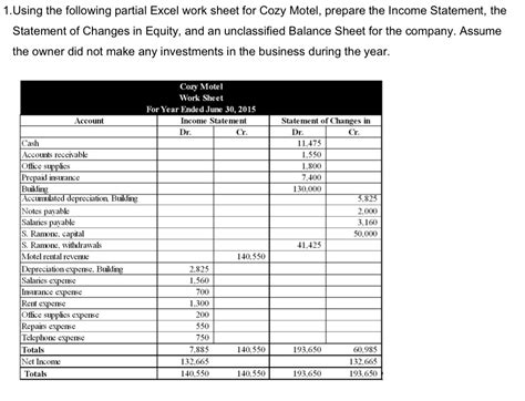 Solved 1using The Following Partial Excel Work Sheet For Cozy Motel